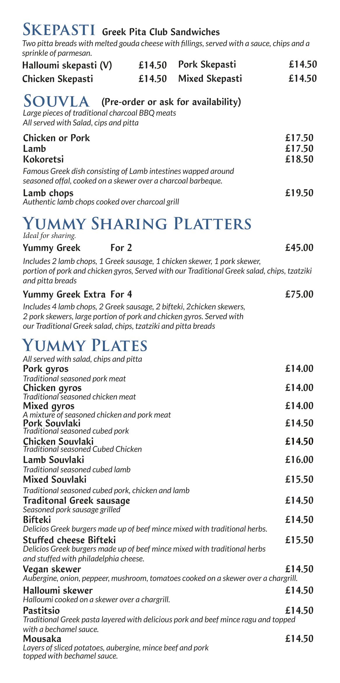 The Yummy Greek | Menu